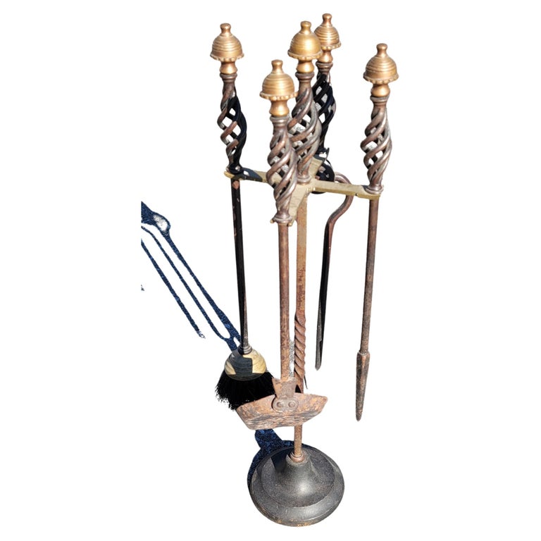Set of 5 American Art Deco Brass Mushroom Head and Iron Fireplace Tools ...