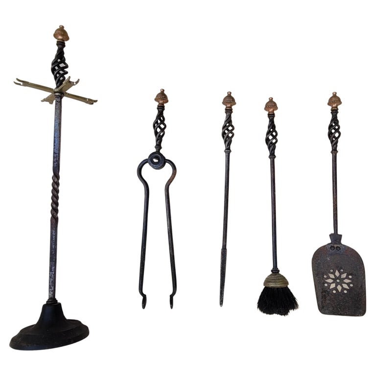 Set of 5 American Art Deco Brass Mushroom Head and Iron Fireplace Tools ...