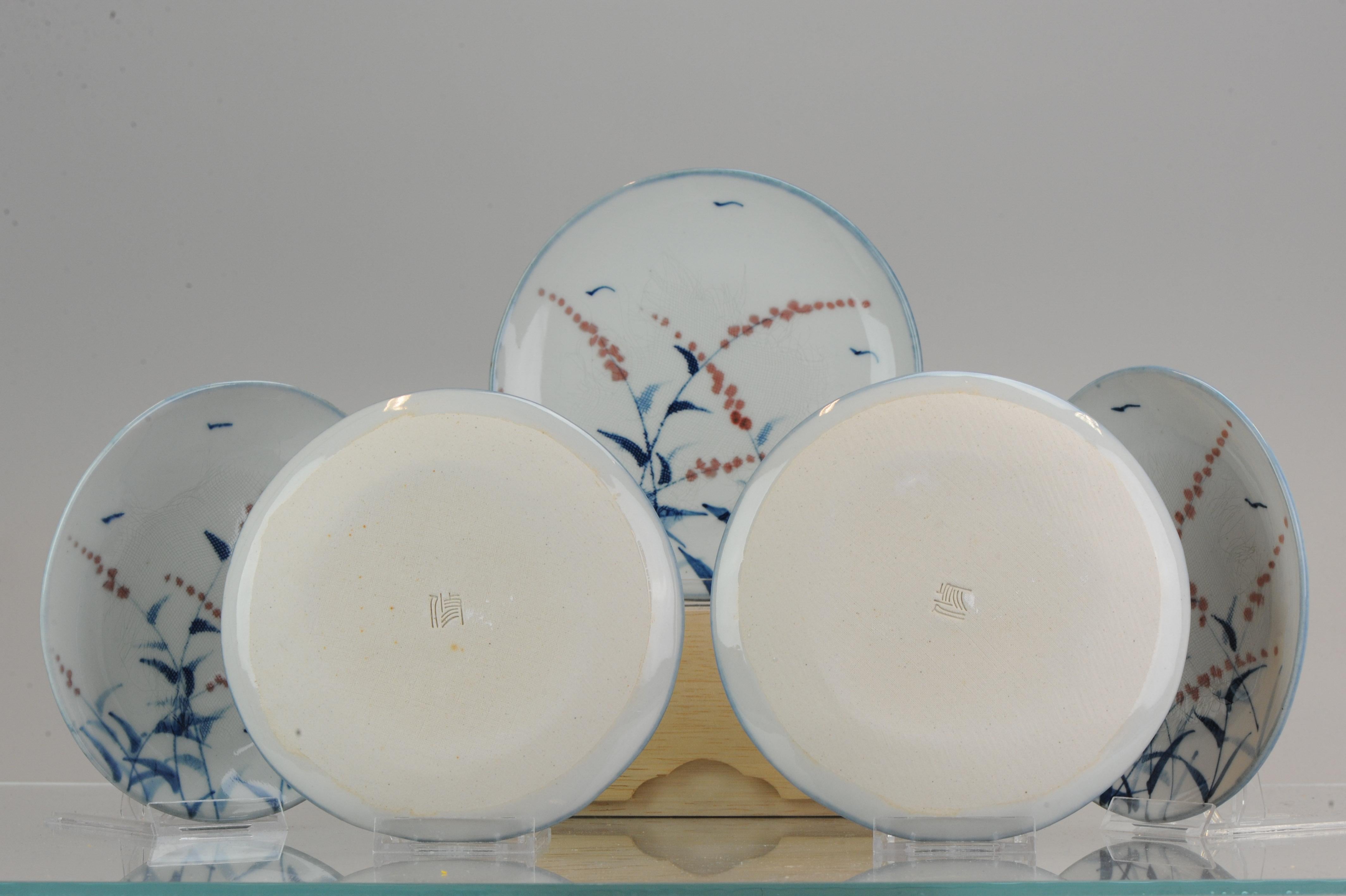 Set of 5 Antique Japanese Seto Yaki Red Blue White Dishes Marked, 19th ...