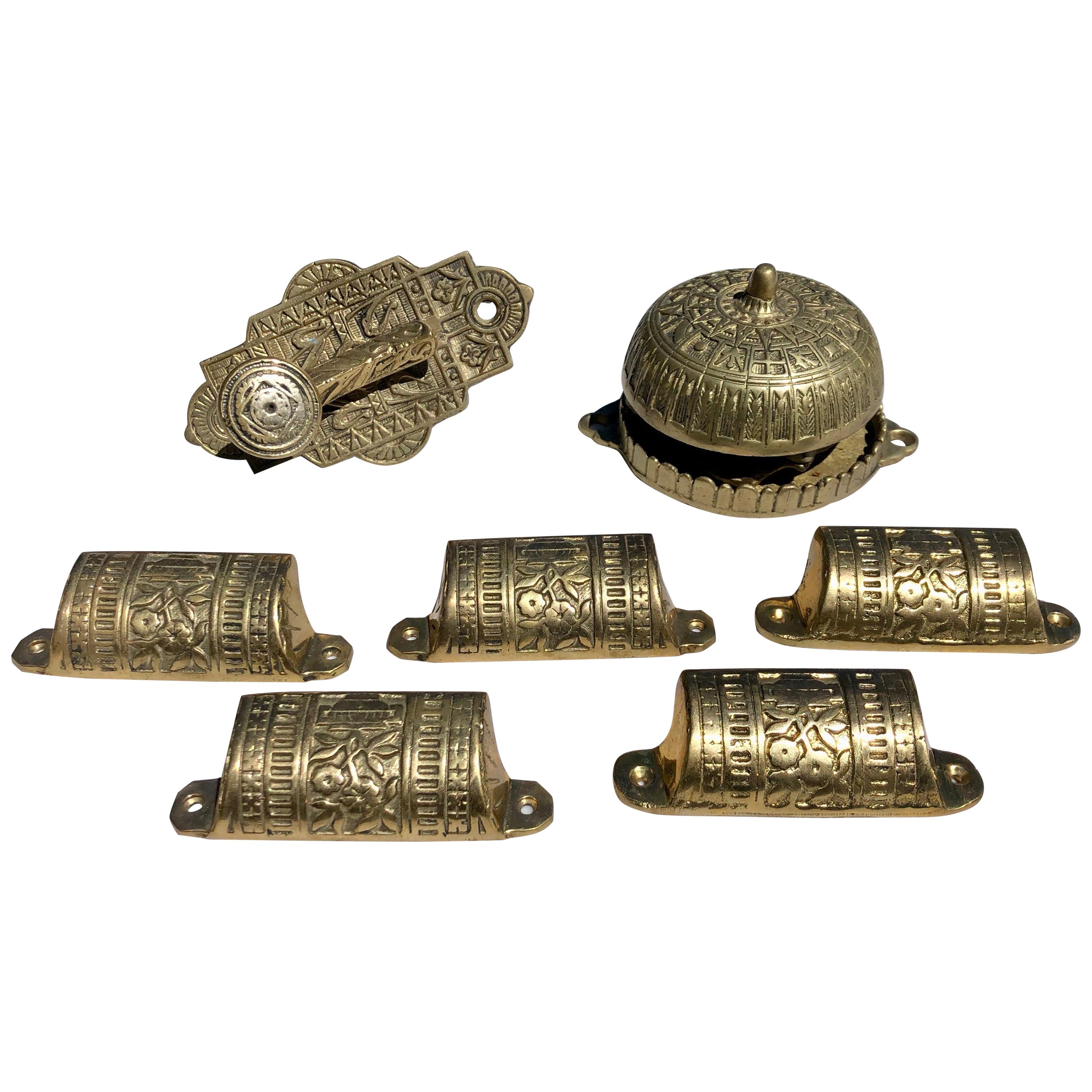 Set of 5 Brass Detailed Drawer Handles, Brass Lock and Freestanding ...