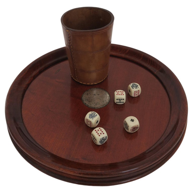 Set of 5 Dice and Leather Dice Cup with Mahogany Tray For Sale at 1stDibs