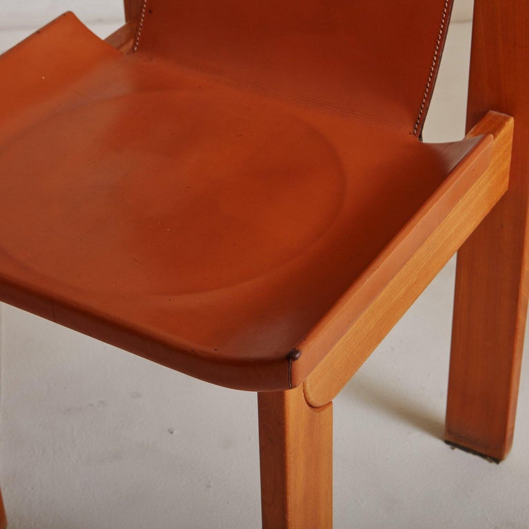Set of 5 Elm Wood + Cognac Leather Slingback Dining Chairs, Italy ...