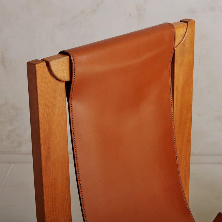 Set of 5 Elm Wood + Cognac Leather Slingback Dining Chairs, Italy ...