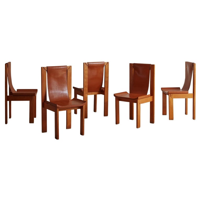 Set of 5 Elm Wood + Cognac Leather Slingback Dining Chairs, Italy ...