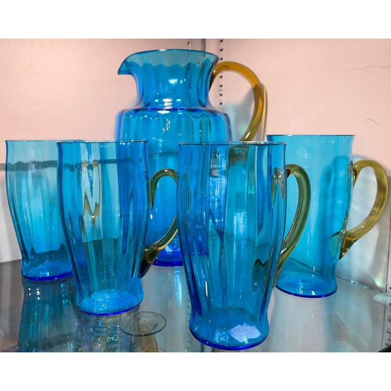 Set of 5 Frederick Carder Steuben Blue Glass Iced Tea Pitcher Handled ...
