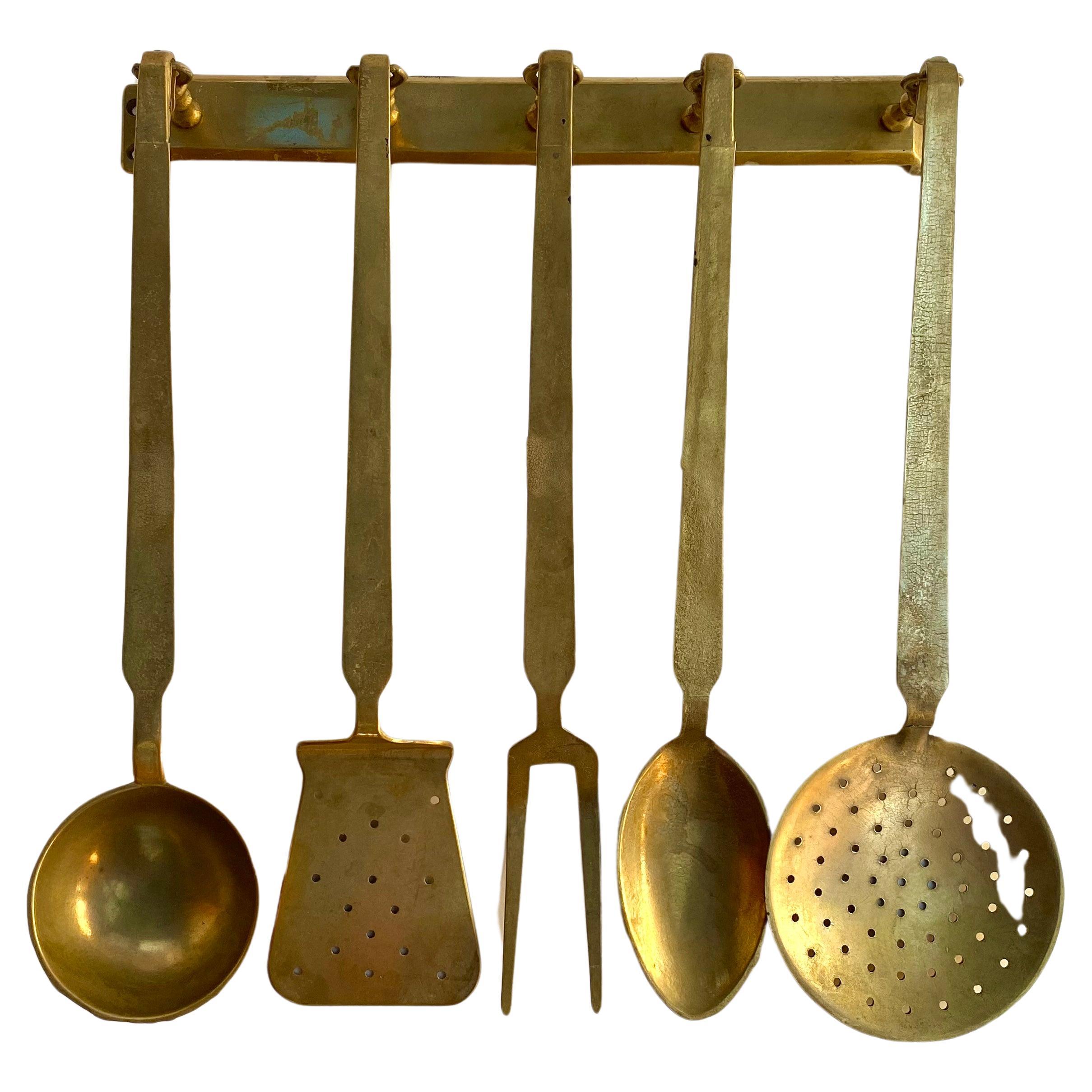 Set Of 5 Vintage Brass Utensils On Rack 1950s Belgium For Sale at 1stDibs