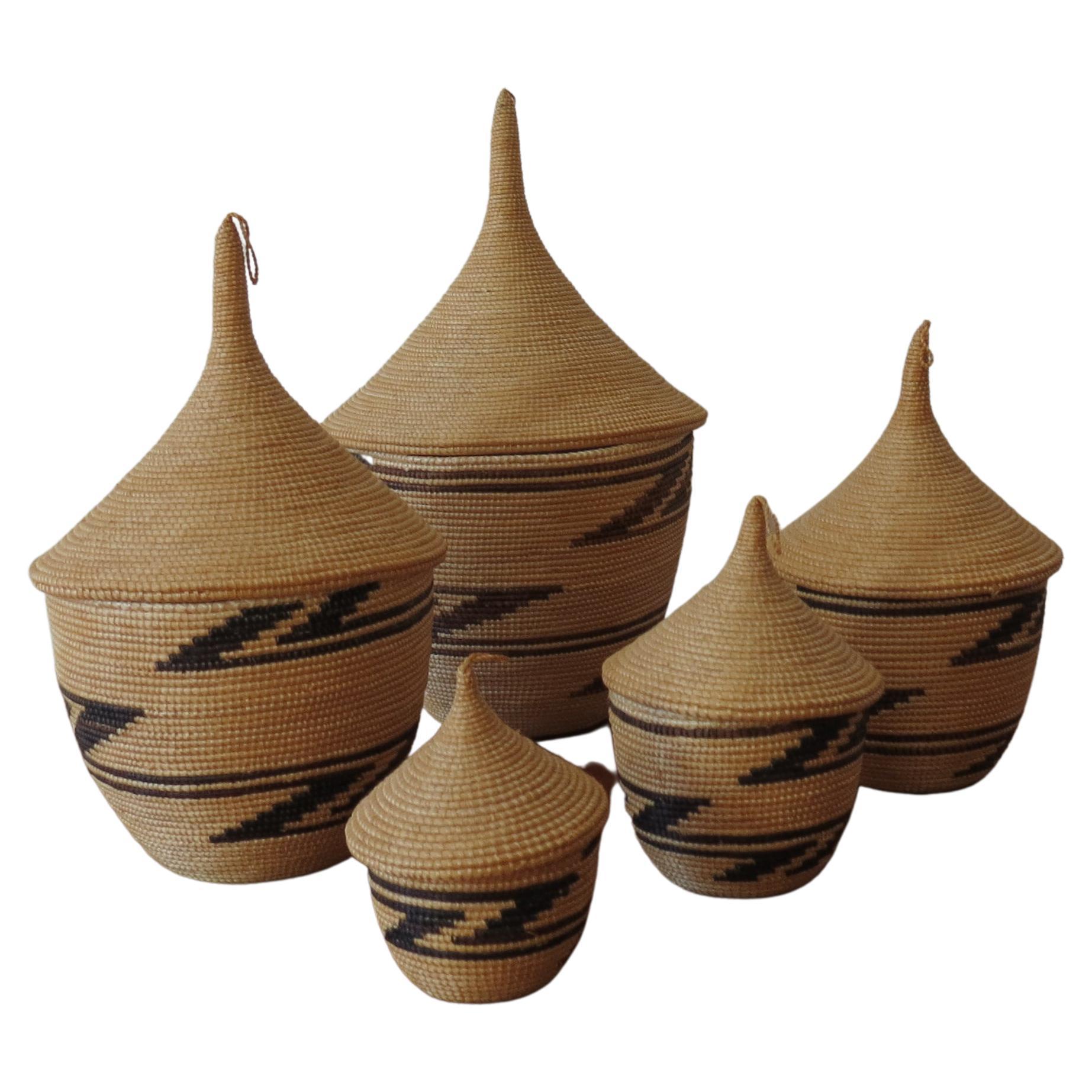 Set of 5 Vintage Tutsi Rwanda Rattan Decorative Lidded Pots 1970s at ...