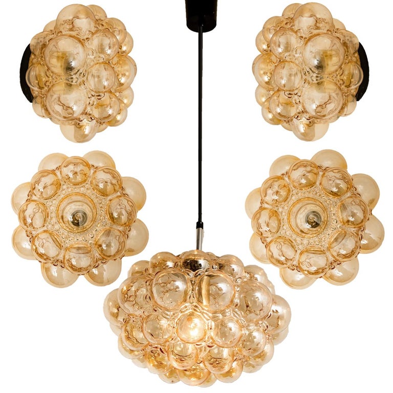 Set of 6 Amber Bubble Glass Pendant Light Fixtures by Helena Tynell ...