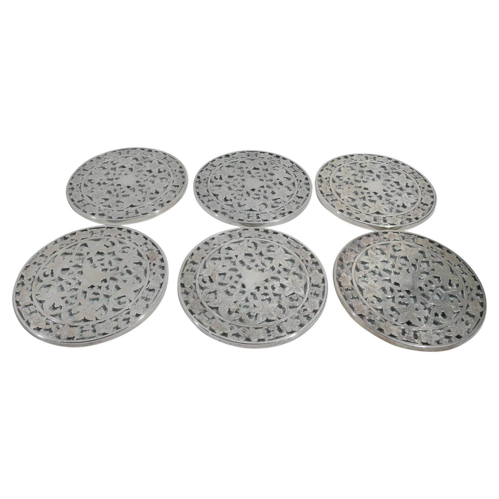 Set of 6 Antique American Art Nouveau Silver Overlay Trivets For Sale ...