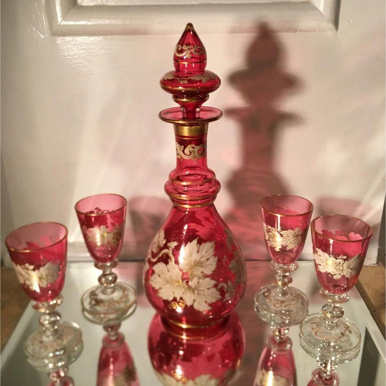 Set of 6 Antique Moser Cranberry Enamel Glass Cordial Decanter and ...