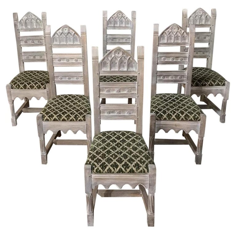 Set of 6 Antique Rustic French Gothic Whitewashed Dining Chairs For ...