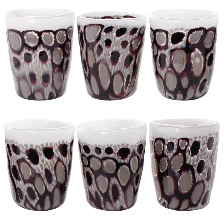 Set of 6 Artistic Handmade Glasses Murano White Black Glass by ...
