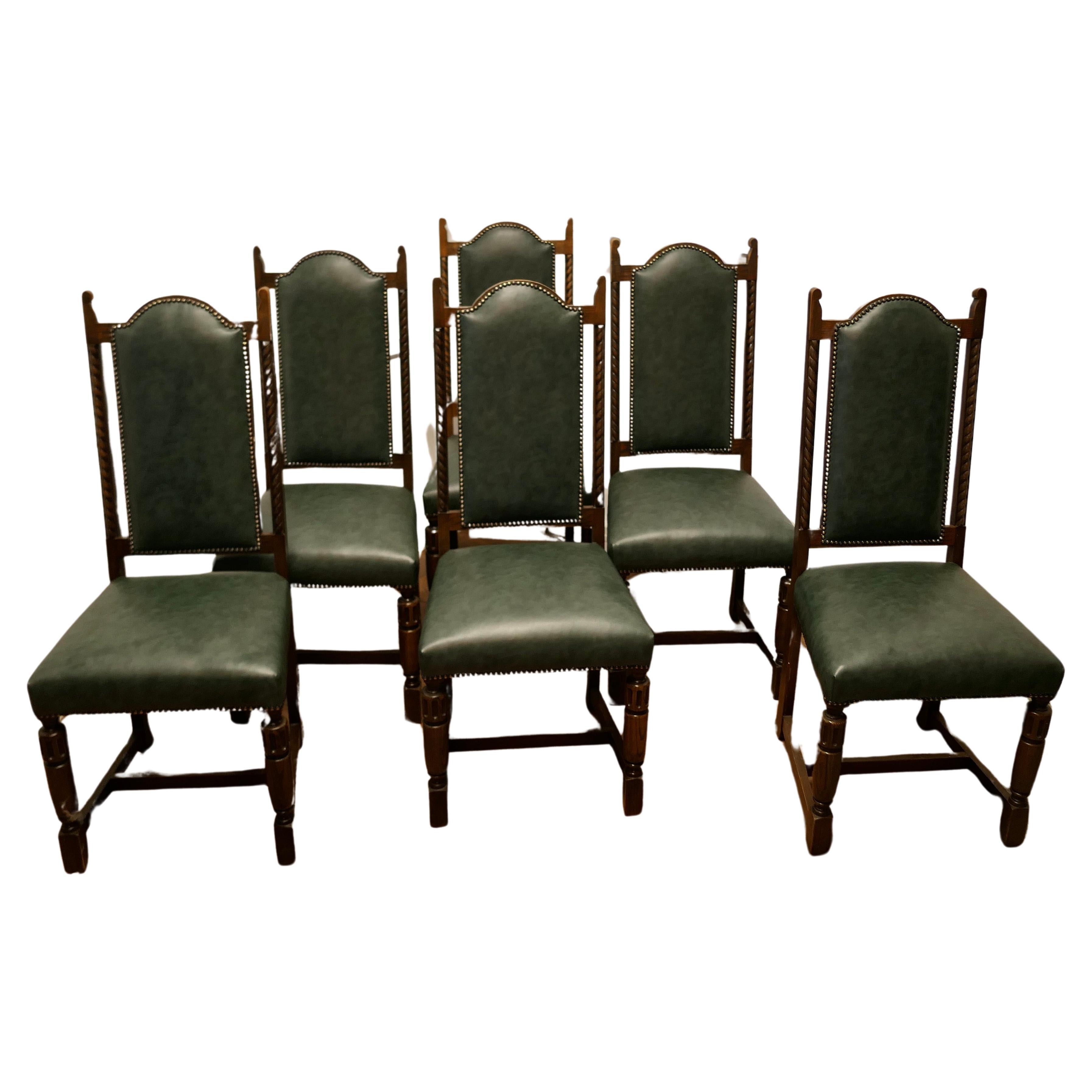 Set of 8 French Gothic Oak and Leather Dining Chairs For Sale at 1stDibs