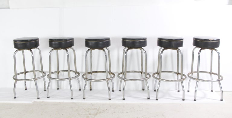 Set of 6 Bar Stools Done in Black Vinyl and Chrome Diner Style Matching ...
