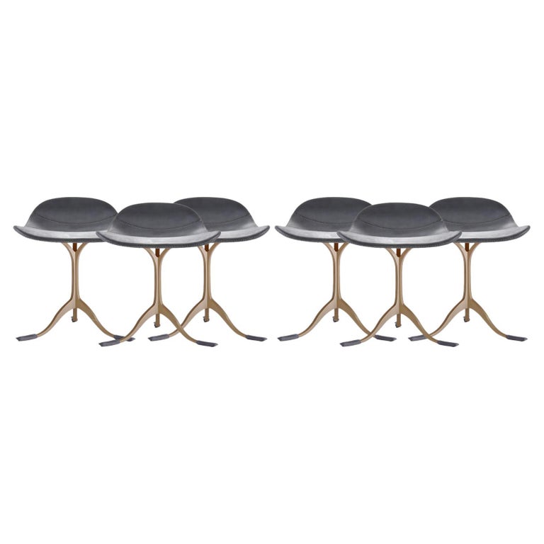Set of 6 Bespoke Sand Cast Brass Stools in Grey (Pigeon) Leather For ...