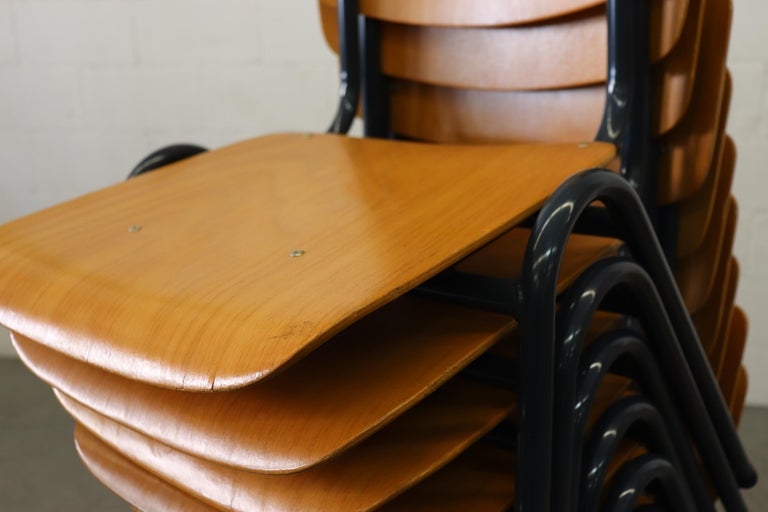 Set of 6 Blonde Plywood Industrial Stacking Chairs with Blue-Grey ...