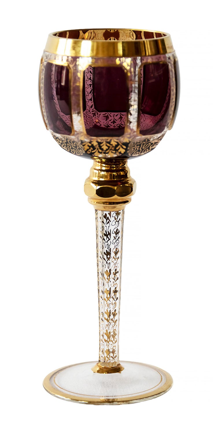 Set of 6 Bohemian Handmade Gilt Glass Wine Glasses For Sale at 1stDibs