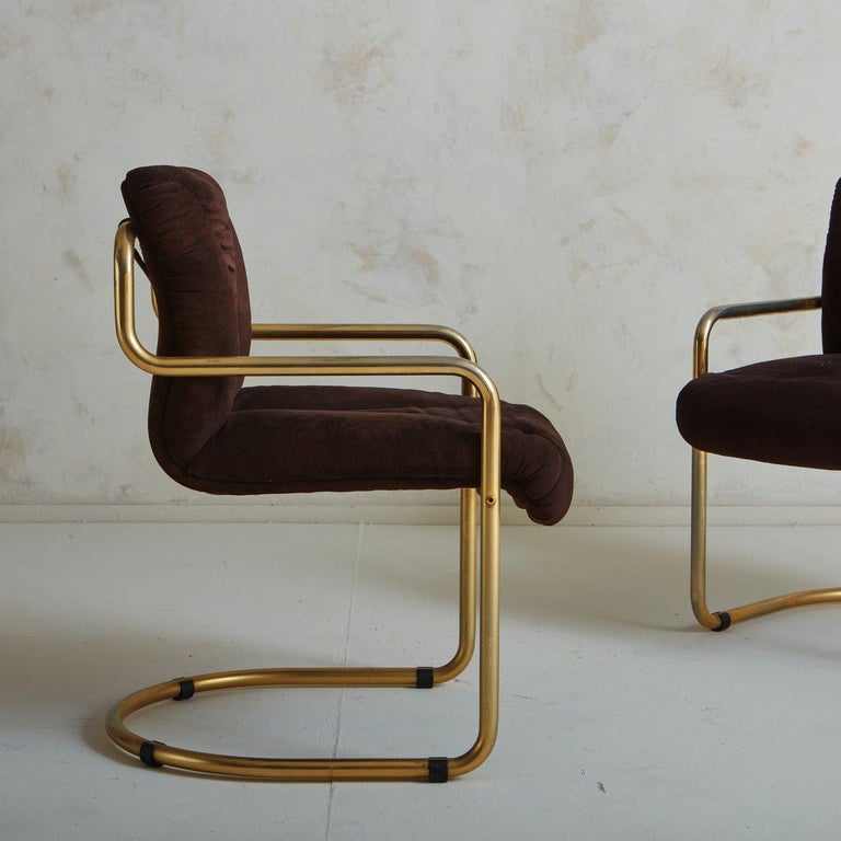 Set of 6 Brass + Brown Cantilevered Dining Chairs with Leather Straps ...
