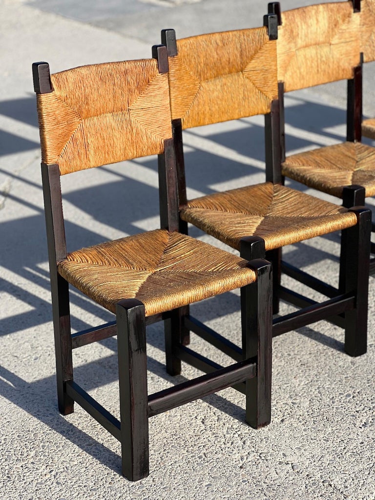 Set of 6 Chairs in Oak and Straw 1960 in Charlotte Perriand Style For ...