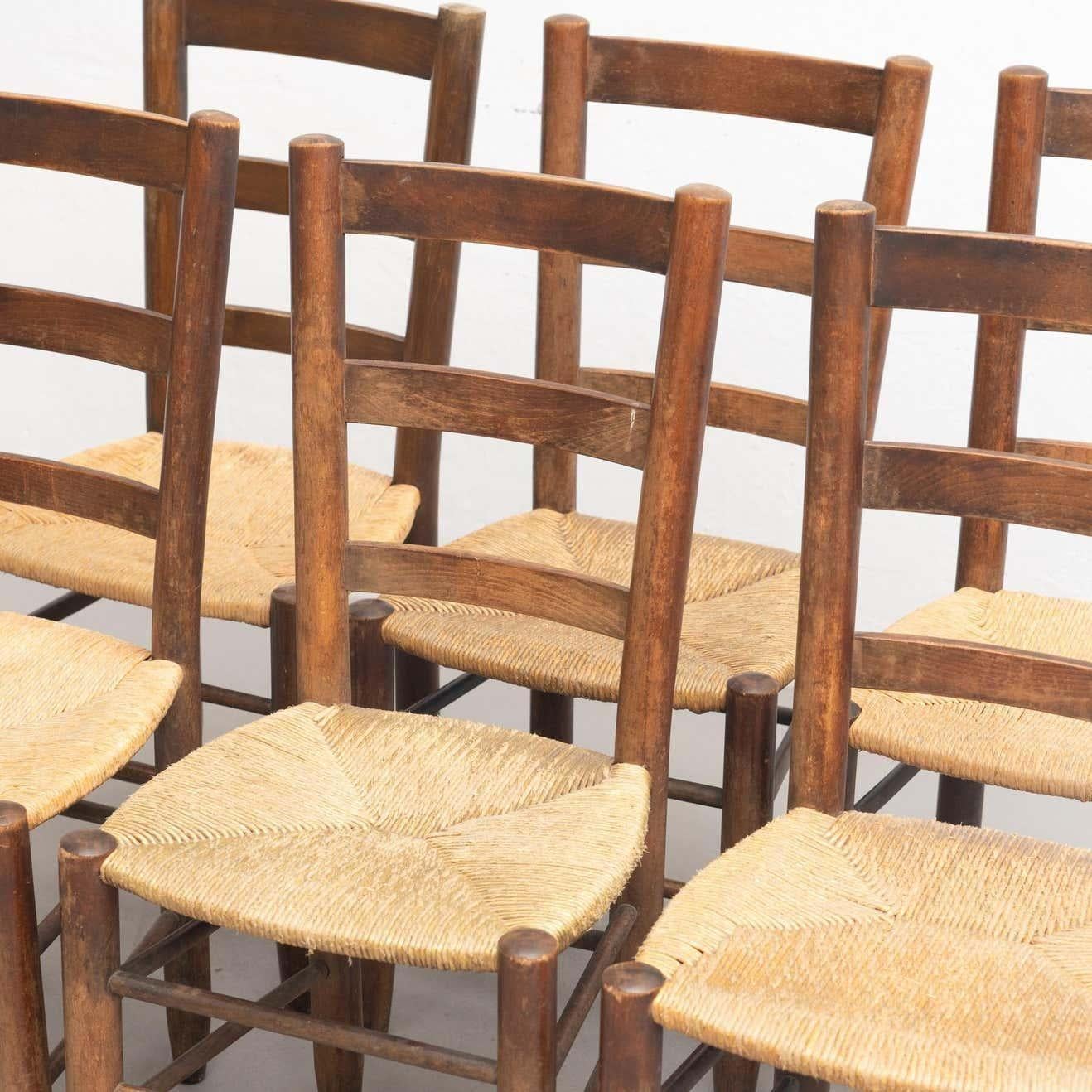Set of 6 Charlotte Perriand N.19 Chair, Wood Rattan, Mid-Century Modern ...
