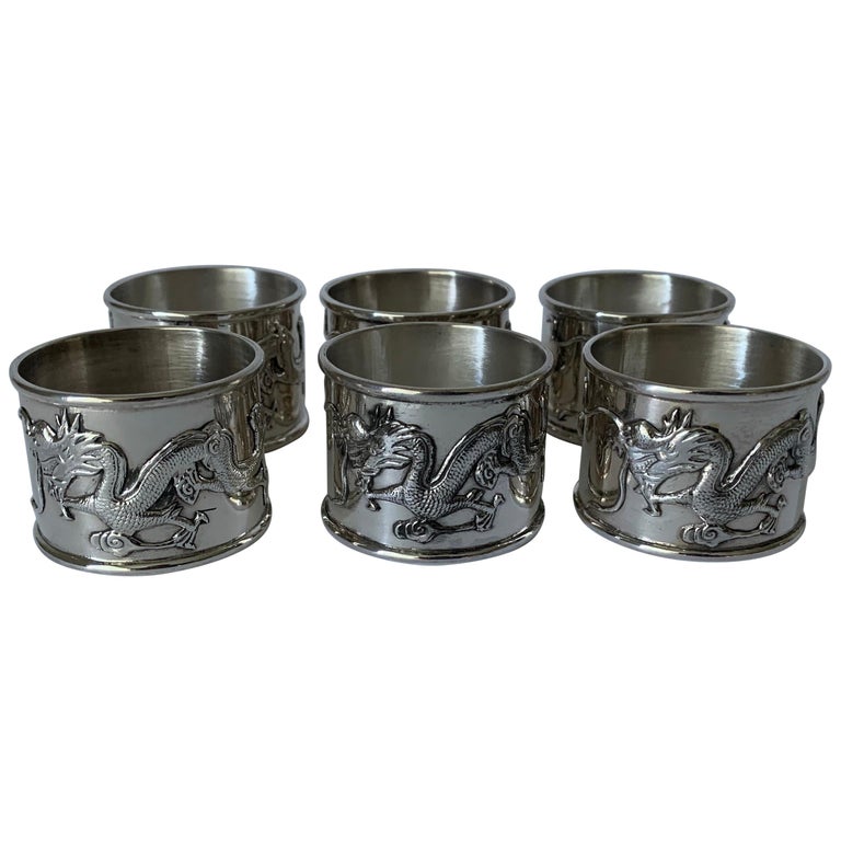 Chinese Export Silver Dragon Napkin Rings, Set of 6 For Sale at 1stDibs