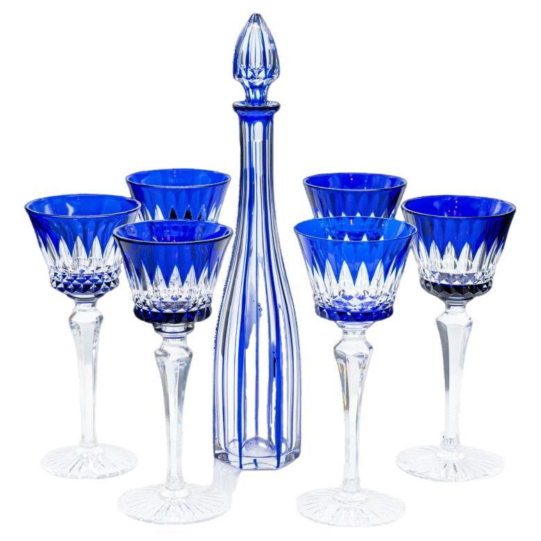 Set of 6 Deep Blue Overlay Baccarat Crystal glasses and Decanter, 1940 ...