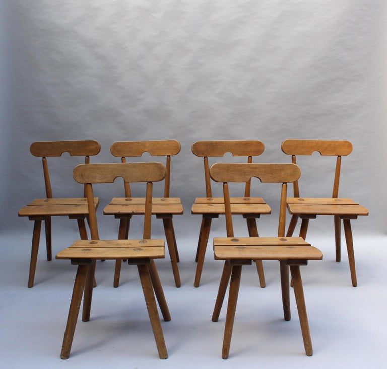 Set of 6 Fine French 1950s Beech Dining Chairs For Sale at 1stDibs