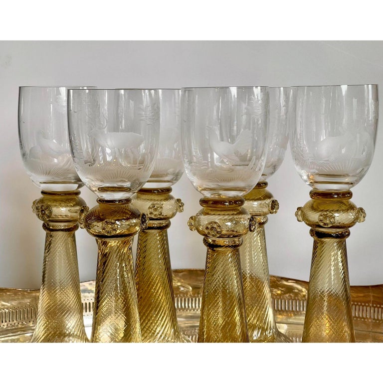 Set of 6 Gorsuch Glass Hunt Wine Stems with Engraved Animals For Sale ...