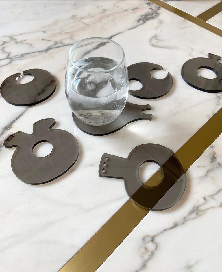 Set of 6 Greek Coasters "Althaea" in Grey Plexiglass Curved Contours ...