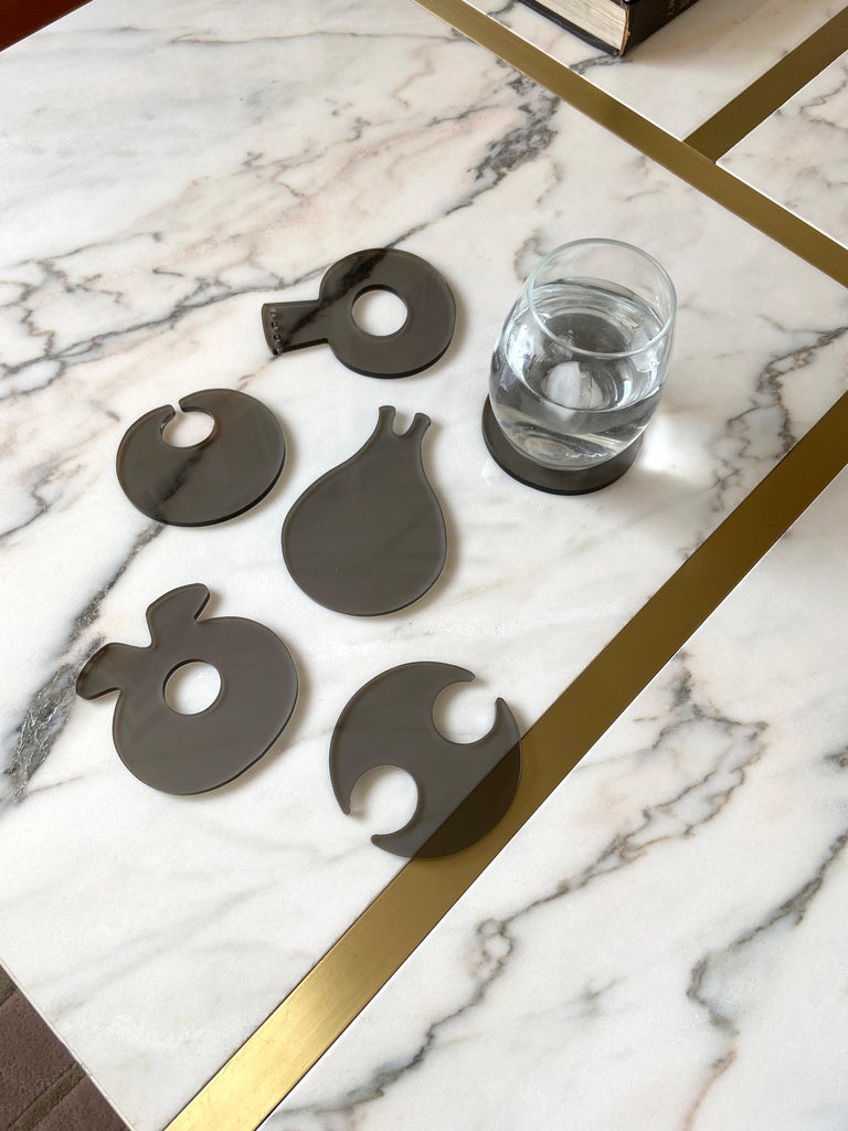 Set of 6 Greek Coasters "Althaea" in Grey Plexiglass Curved Contours ...