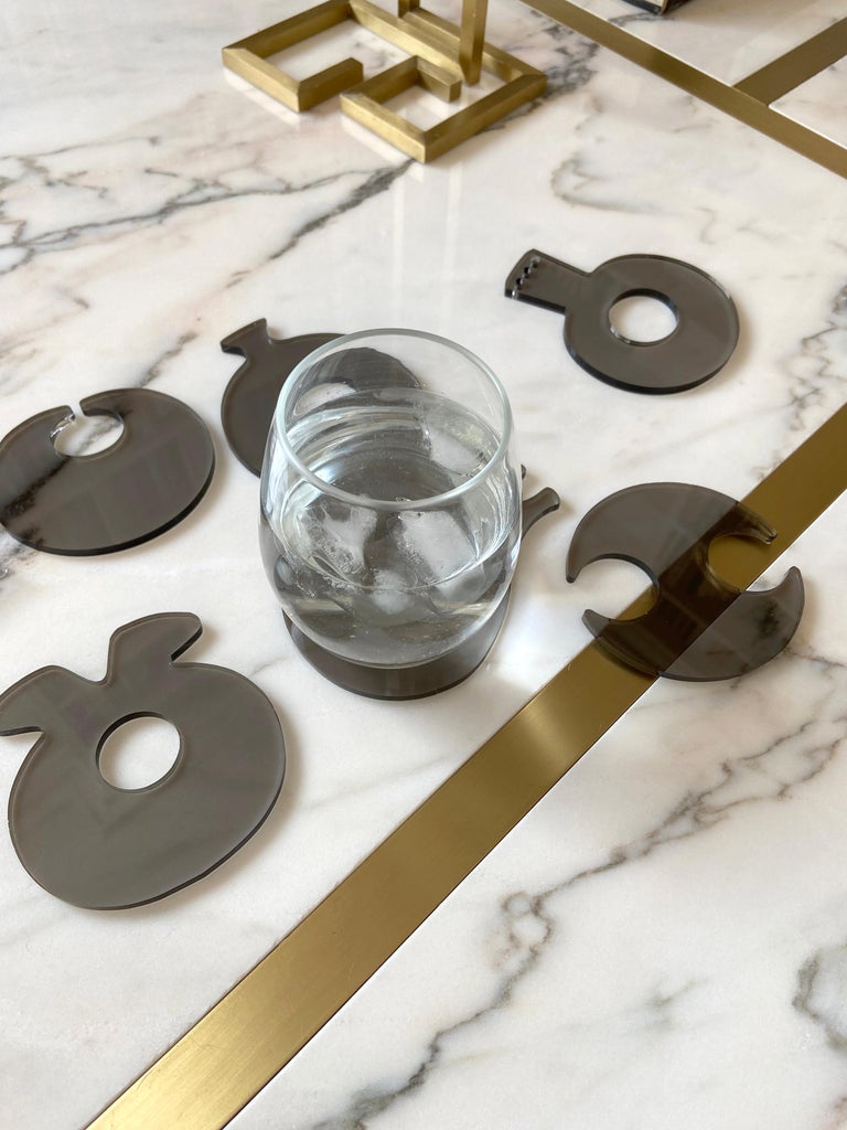 Set of 6 Greek Coasters "Althaea" in Grey Plexiglass Curved Contours ...