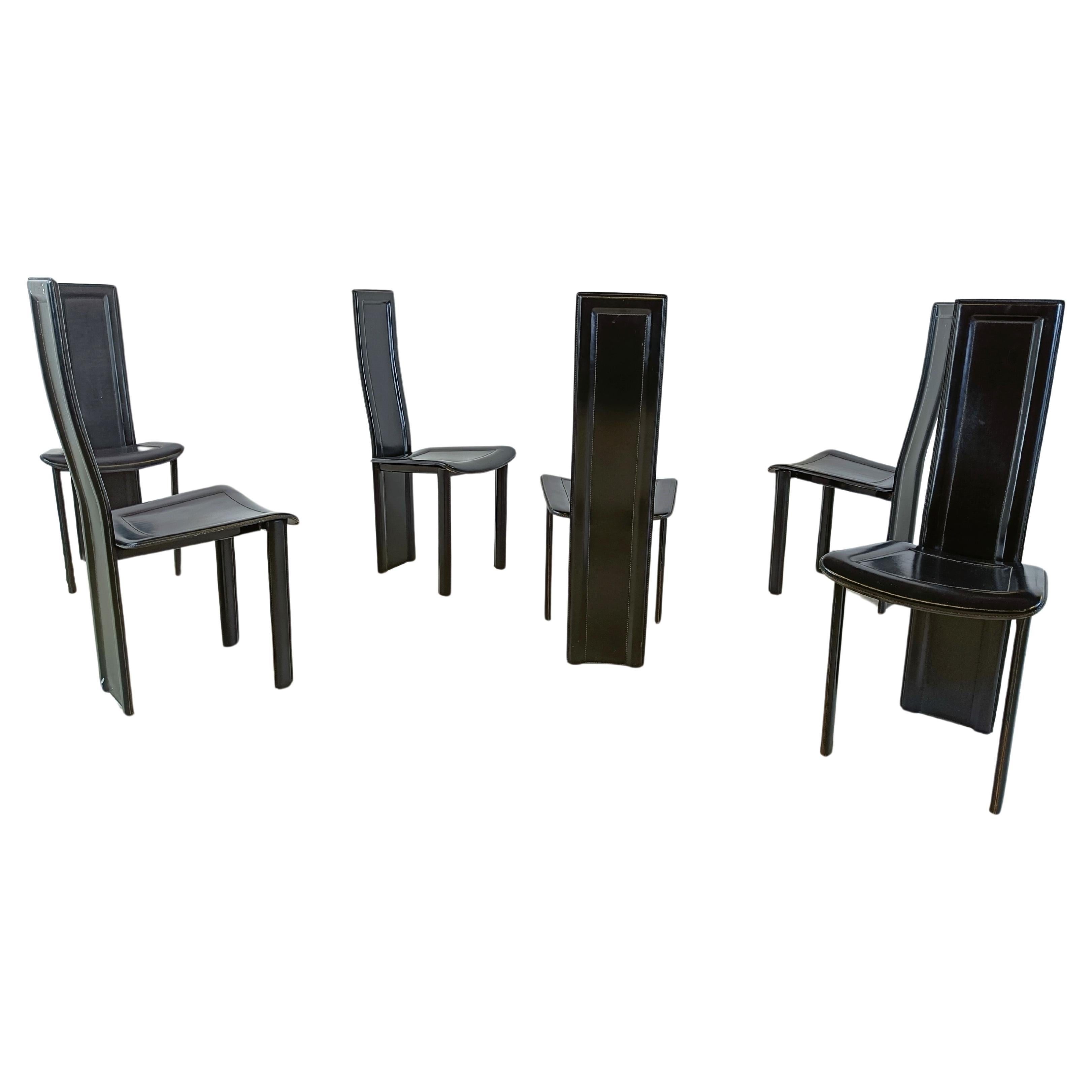 Set of 6 high back leather dining chairs, 1980s For Sale at 1stDibs