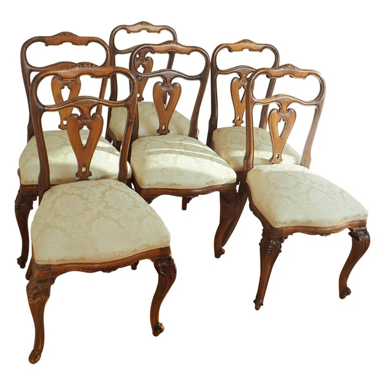 Set Of 6 Carved Italian Walnut Rococo Dining Room Chairs For Sale at ...