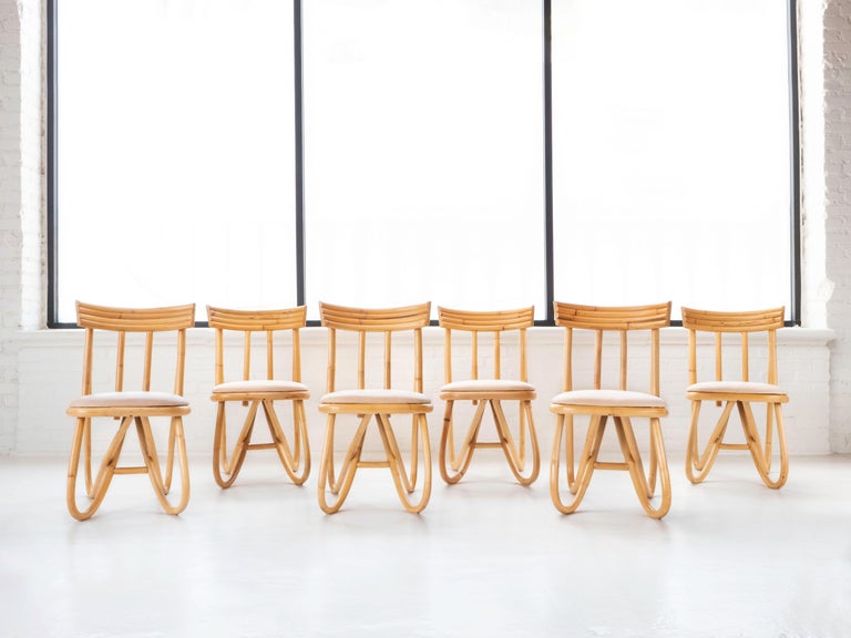 Set of 6 Loop Rattan Dining Chairs with Leather Seats, circa 1950s For ...