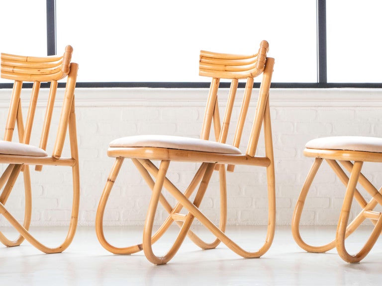 Set of 6 Loop Rattan Dining Chairs with Leather Seats, circa 1950s For Sale at 1stDibs