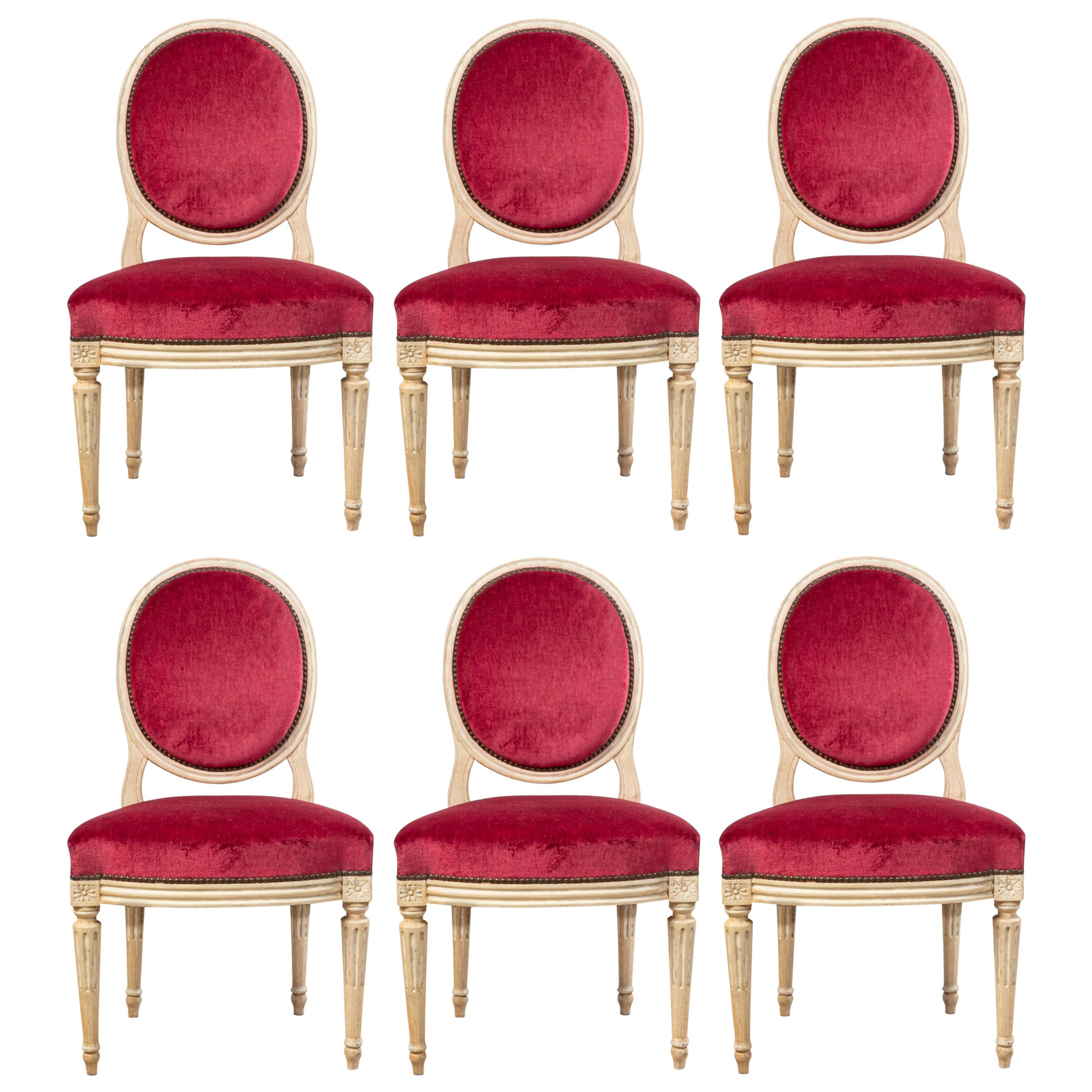 Set of 6 Louis XVI Style Painted Red Upholstered Dining Chairs at 1stDibs