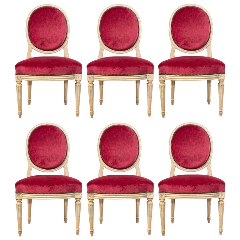 Set of 6 Louis XVI Style Painted Red Upholstered Dining Chairs at 1stDibs