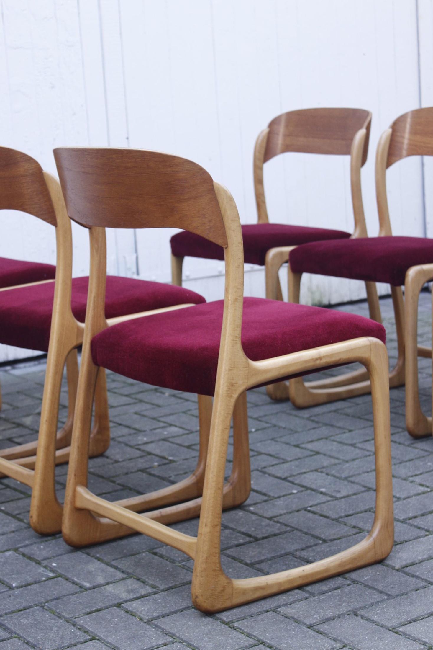 Set of 6 mid-century Baumann Sled chairs in beech and bordeaux velvet ...