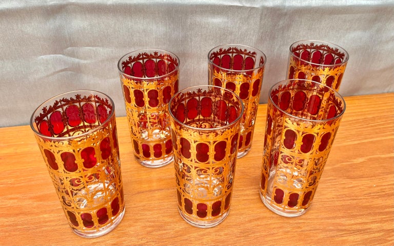 Set Of 6 Mid Century Modern Gold And Cranberry Red Highball Culver Glasses For Sale At 1stdibs