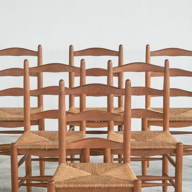 Set of 6 Midcentury Oak and Rush Chairs, 1950s For Sale at 1stDibs