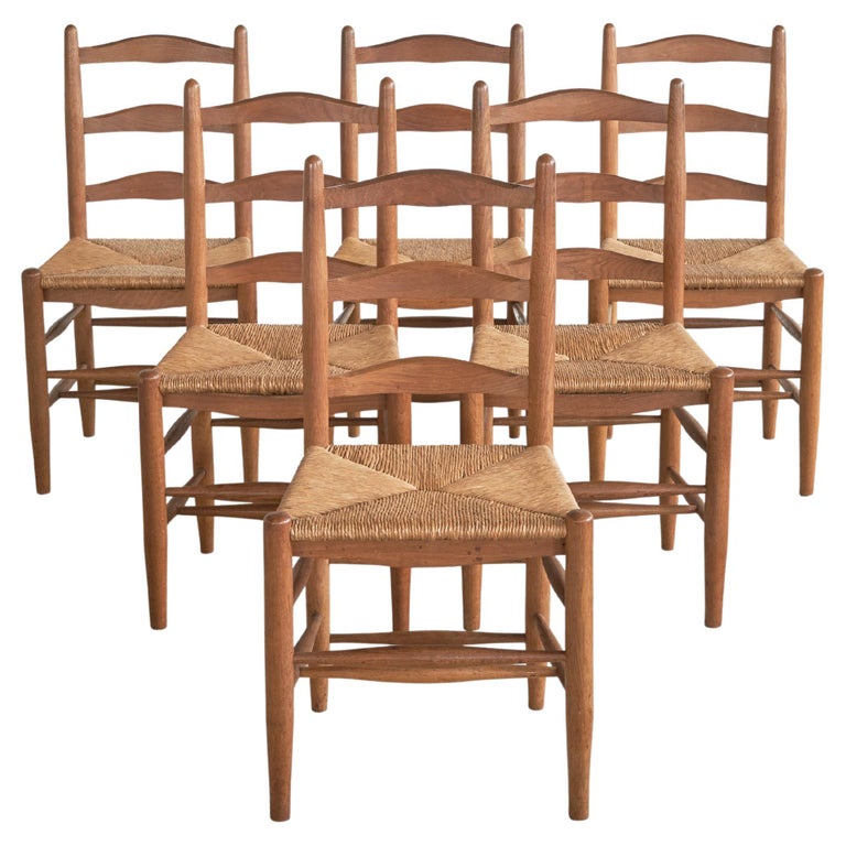 Set of 6 Midcentury Oak and Rush Chairs, 1950s For Sale at 1stDibs