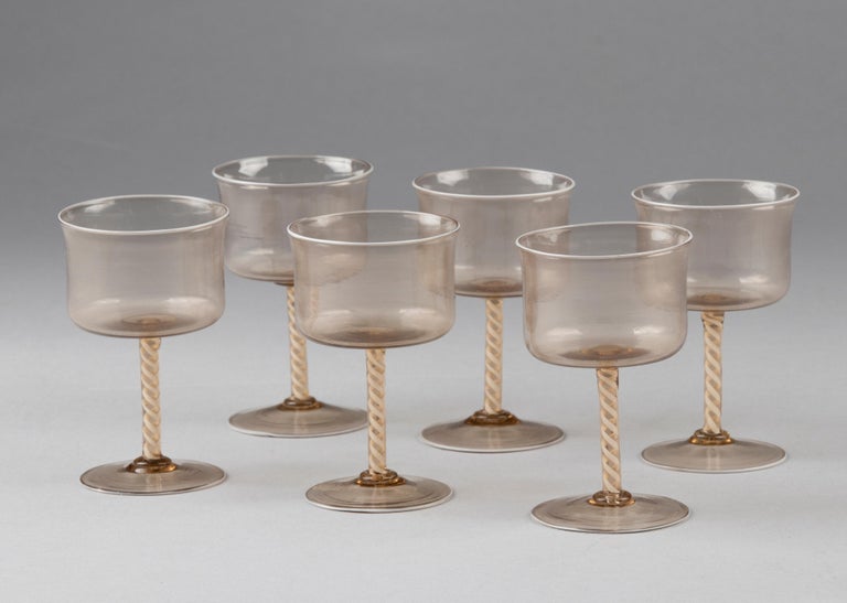 Set of 6 Murano Glasses with Swirl in Stem, 1950's For Sale at 1stDibs