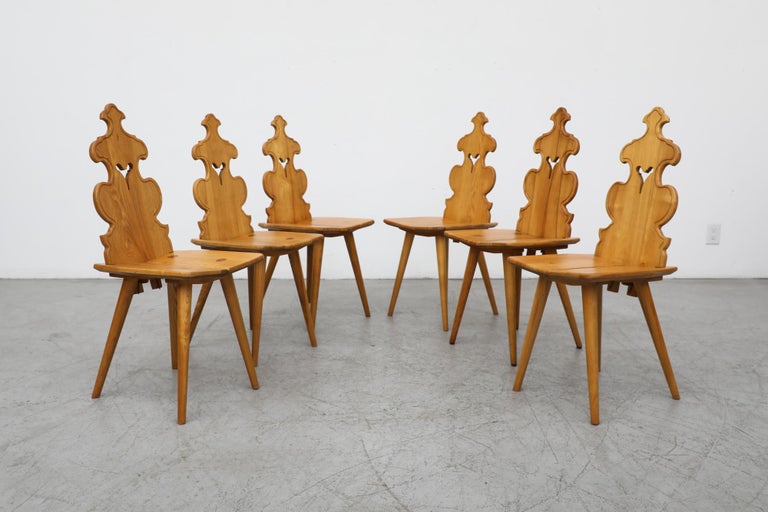 Set of 6 Ornate Tyrolean Style Brutalist Oak Dining Chairs For Sale at 1stDibs