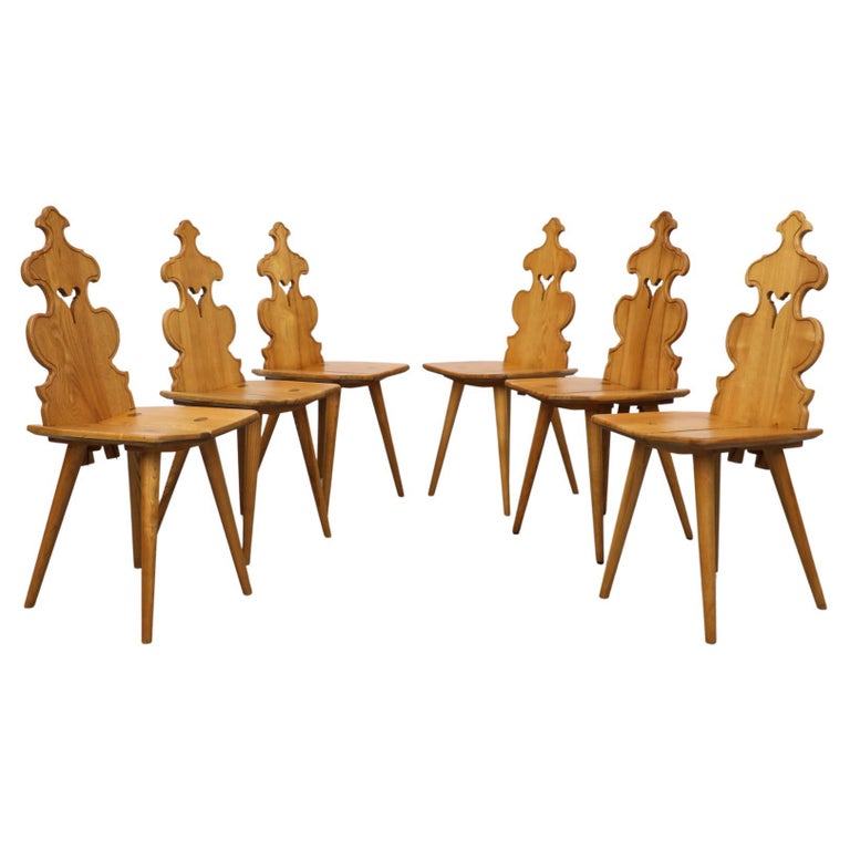 Set of 6 Ornate Tyrolean Style Brutalist Oak Dining Chairs For Sale at ...