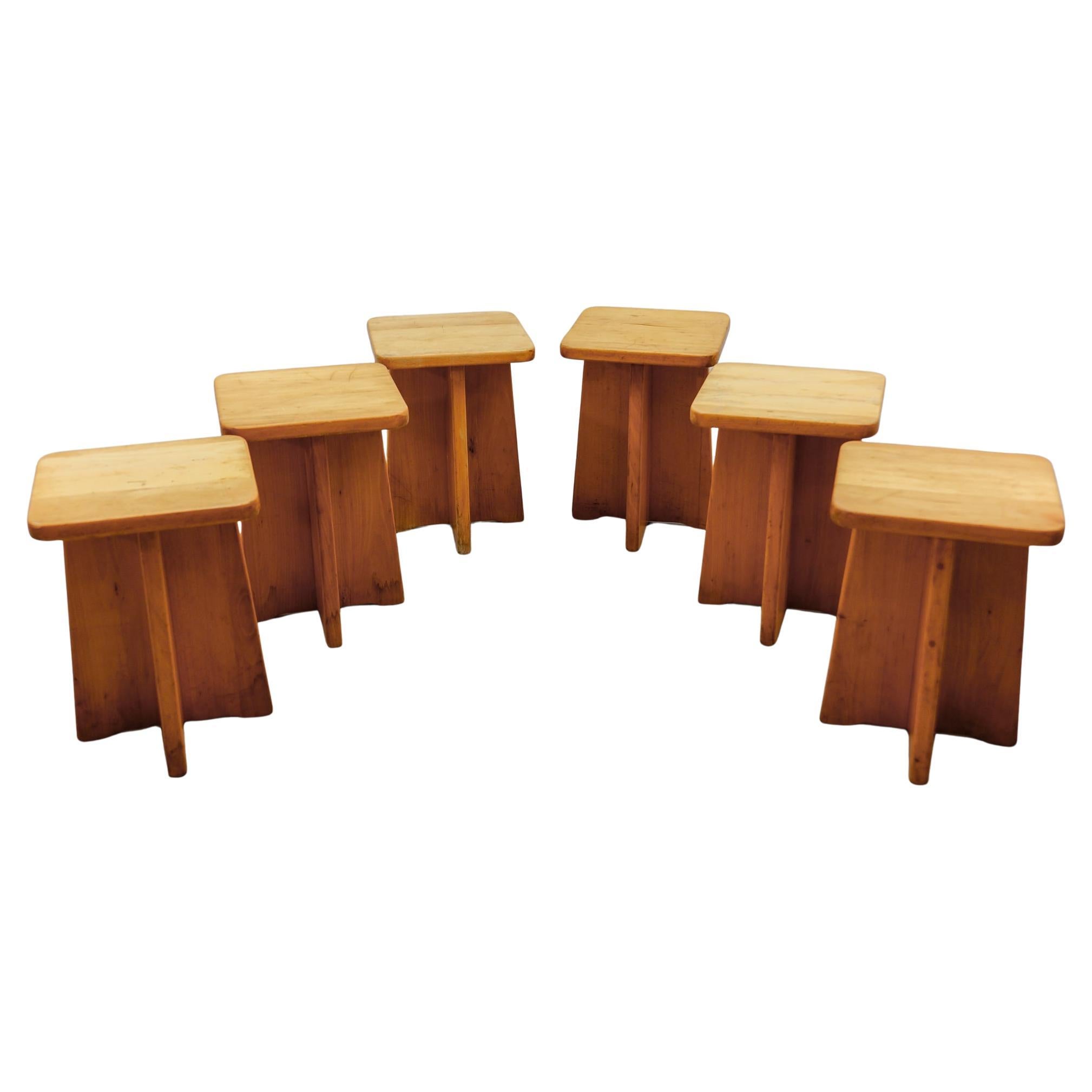 Set of 6 Pine Wood Stools in the Style of Pierre Chapo, France, 1960s ...
