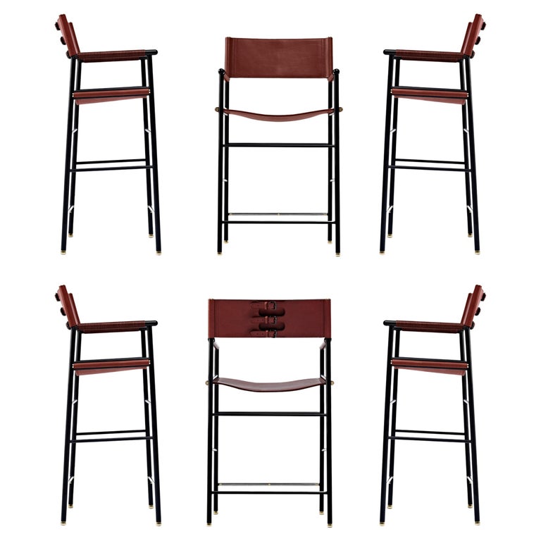 Set of 6 Artisanal Bar Stool w. Backrest Cognac Leather Black Rubber ...