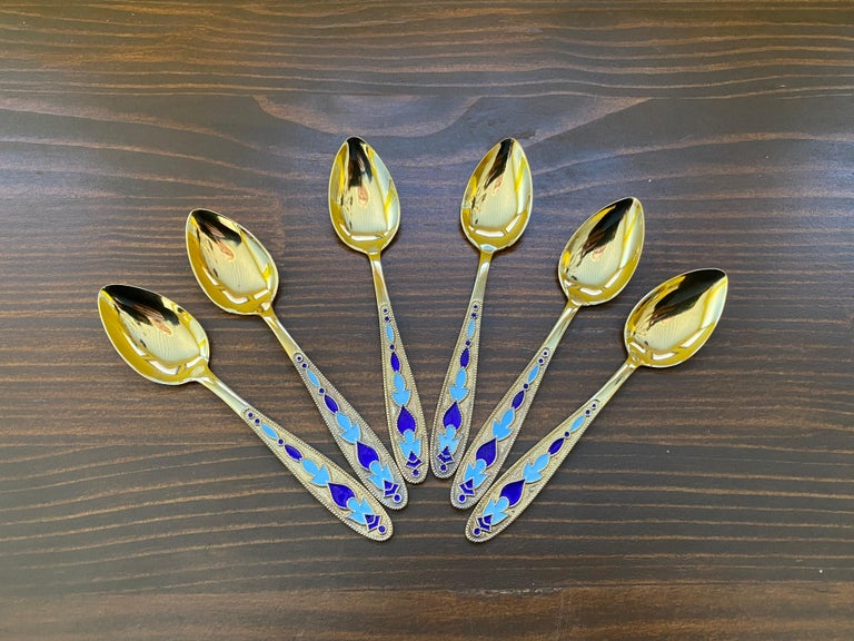 Set of 6 Russian Enamel Spoons Fine and Rare Soviet Silver Spoons For ...
