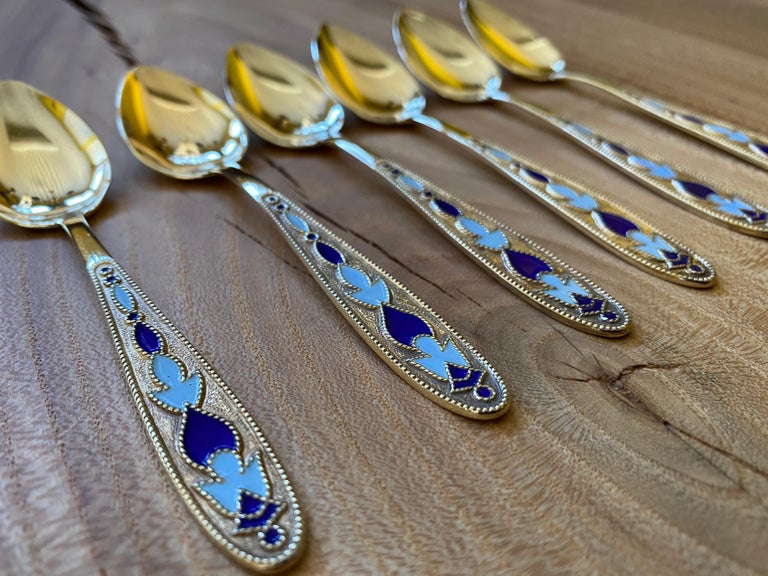 Set of 6 Russian Enamel Spoons Fine and Rare Soviet Silver Spoons For ...