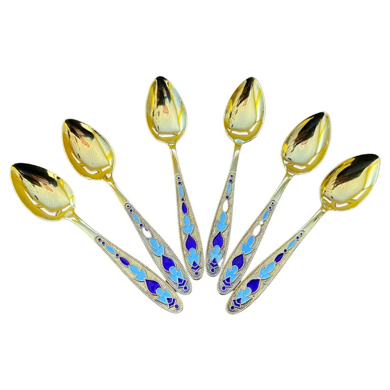 Set of 6 Russian Enamel Spoons Fine and Rare Soviet Silver Spoons For ...