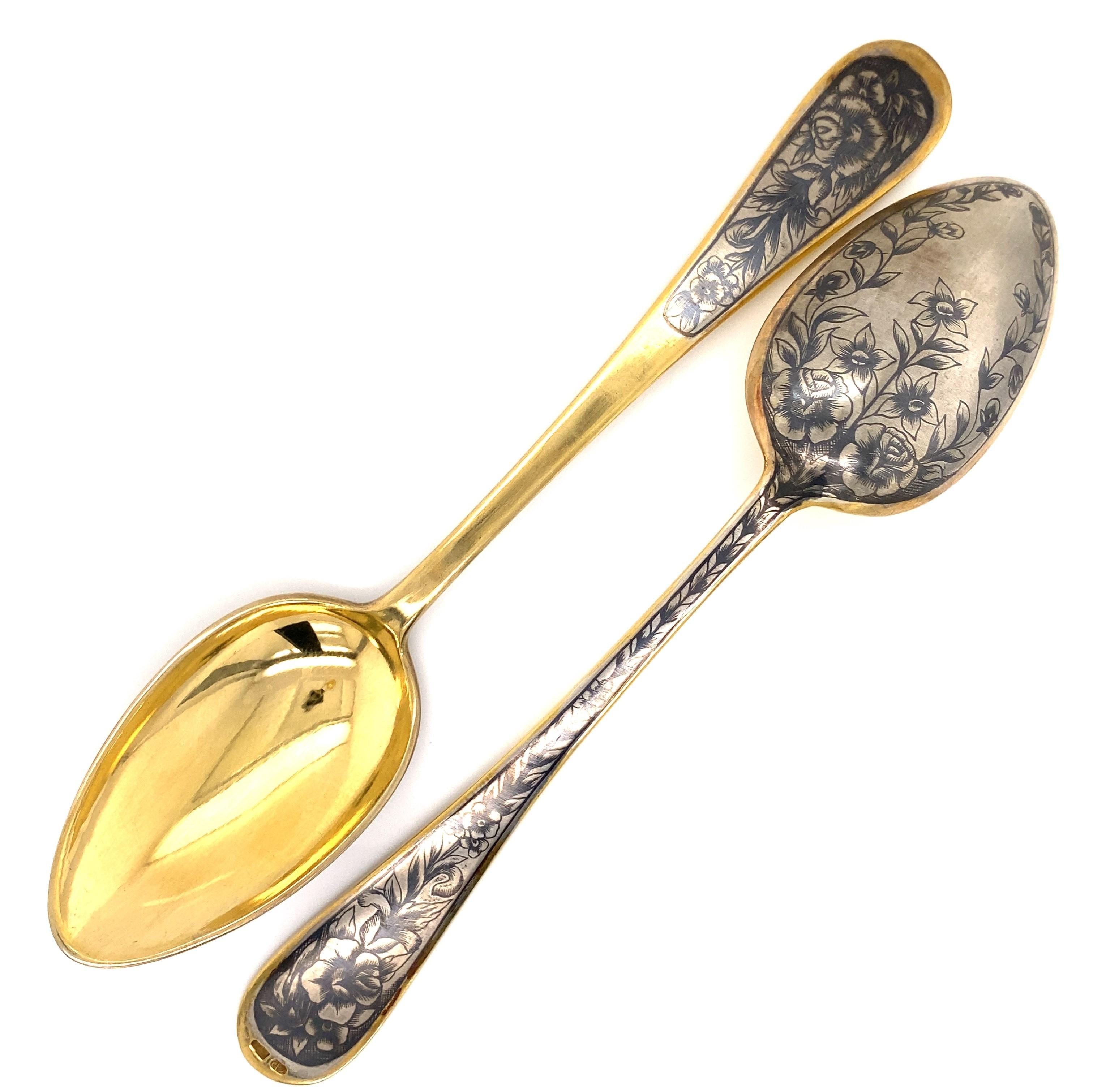 Set of 6 Russian Niello Enamel Gilt 900 Silver Spoons For Sale at ...